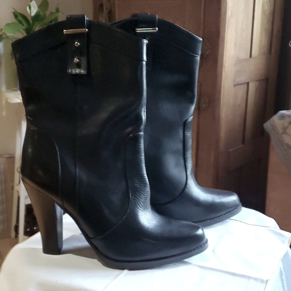 Women's Colin Stuart Mid-Calf Heeled Leather Boot Bla… - Gem